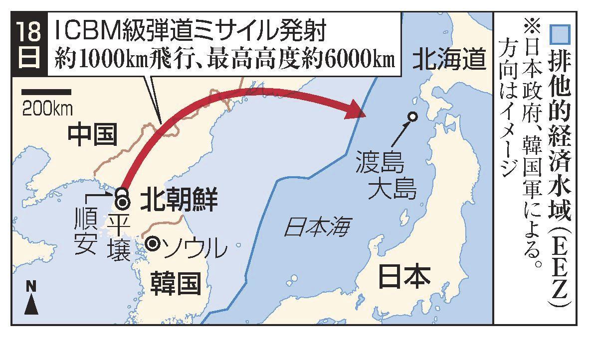 北海道沖に北ICBM EEZ内着弾、米本土射程 | 山陰中央新報デジタル