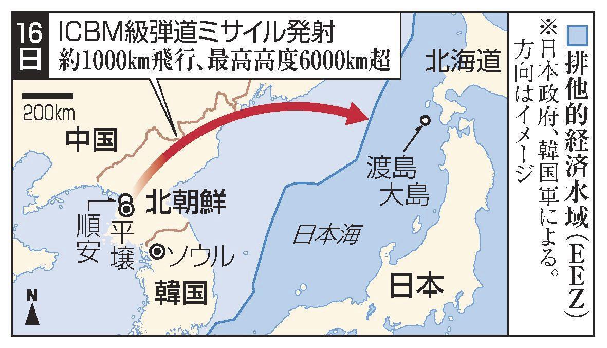 北朝鮮 ICBM発射 EEZ外落下 日韓首脳会談けん制か | 山陰中央新報デジタル